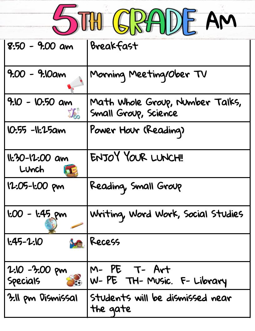 5th Grade Schedules – Ms. B. in Class
